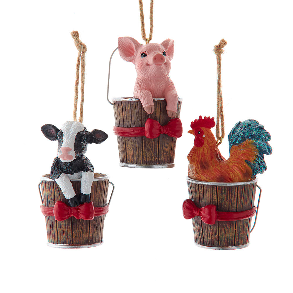 Kurt Adler Farm Animal In Bucket Ornament Set Pig Cow Rooster A2412 ...
